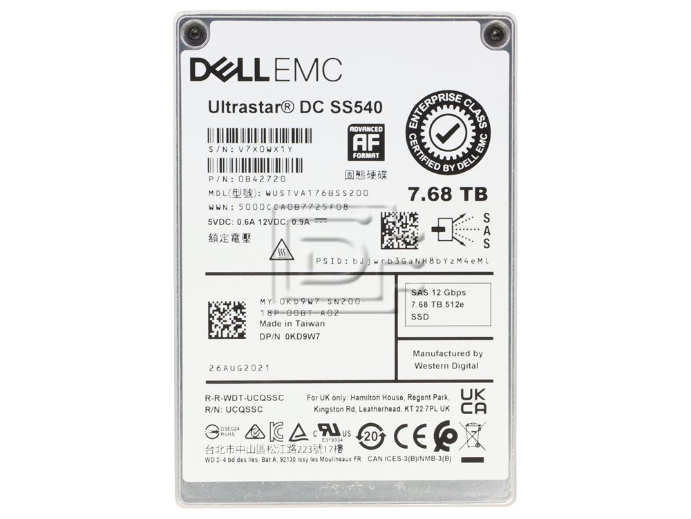 Dell EMC KD9W7 / Western Digital Ultrastar DC SS540 WUSTVA176BSS200 / 0B42720 7.68TB 2.5" 12Gbps ...
